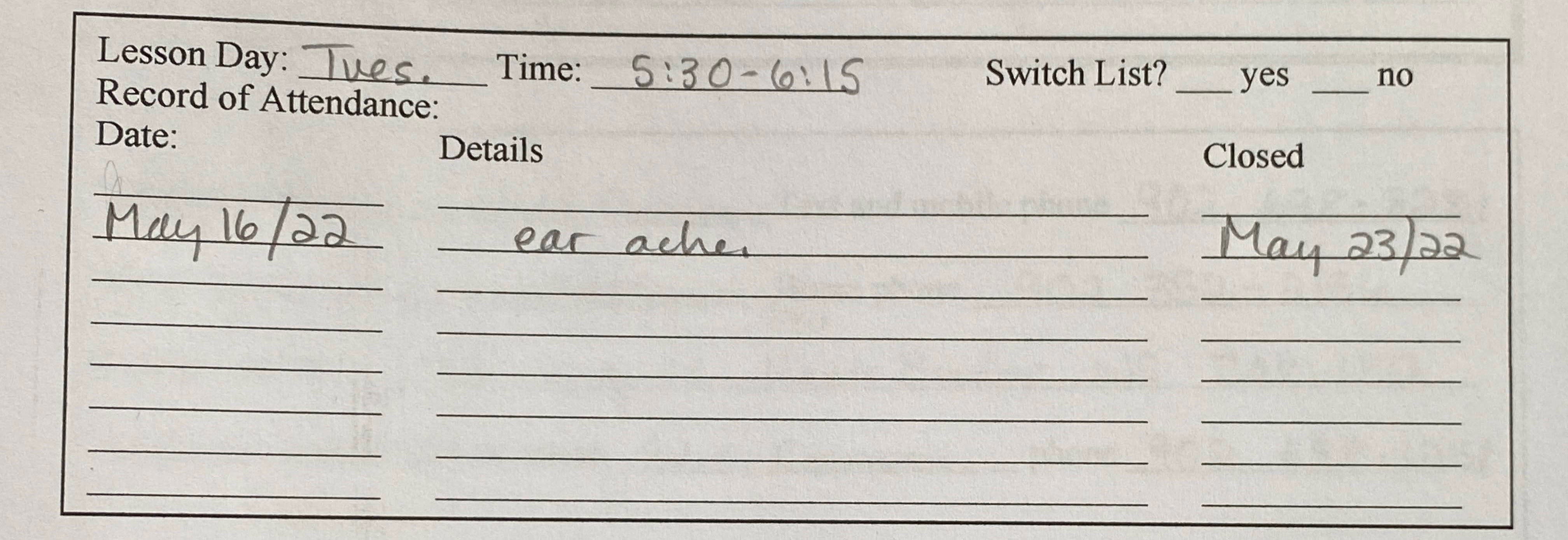 Piano Lesson Attendance – Rebekah Maxner